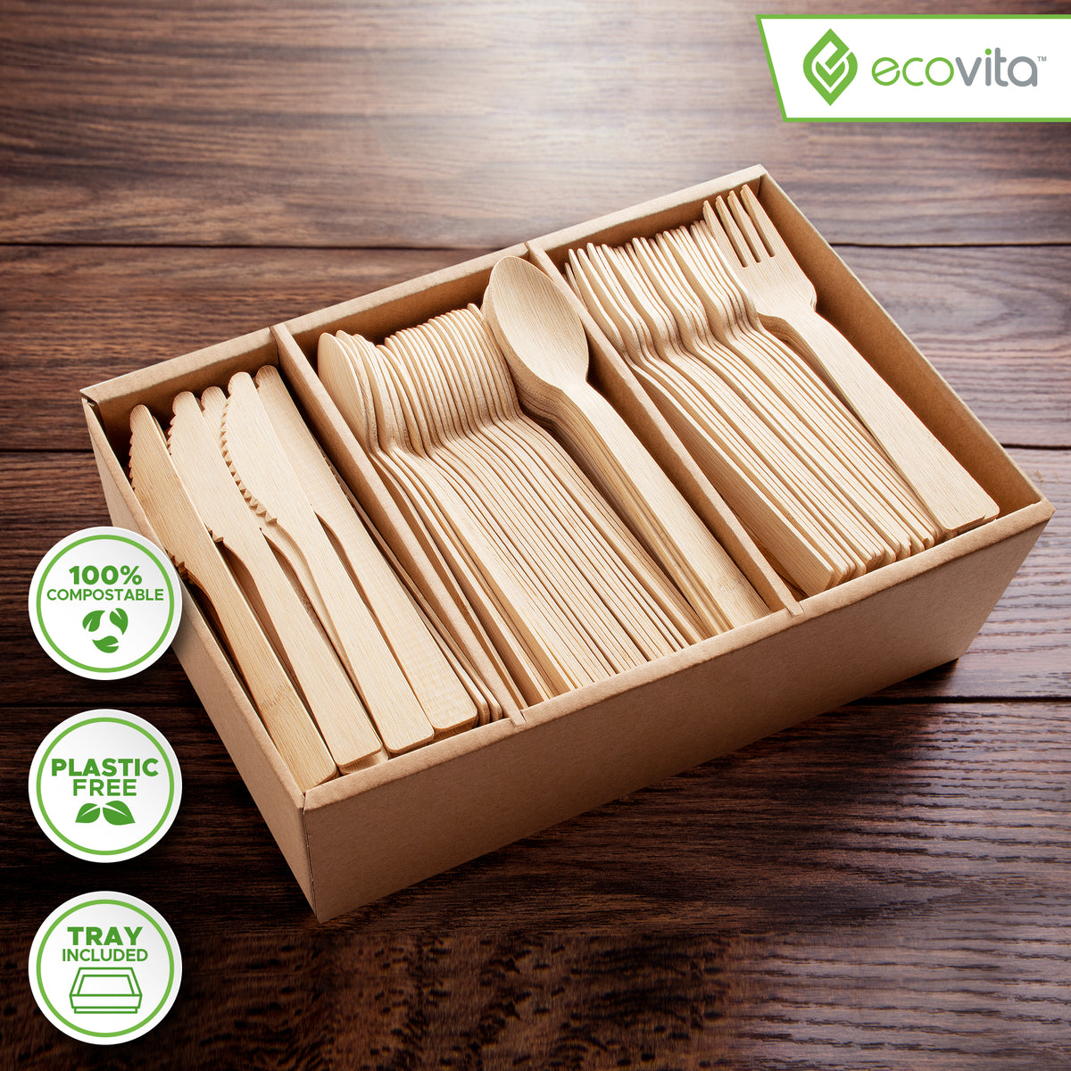 100% Bamboo Compostable Forks Spoons and Knives - 380 Piece Eco Cutler ...